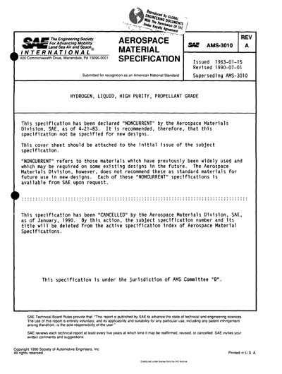 SAE AMS 3010A-1990 (SAE AMS3010A-1990) - Hydrogen, Liquid, High Purity ...
