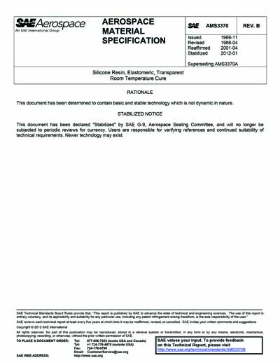 SAE AMS 3370B-2012 (SAE AMS3370B-2012) - Silicone Resin, Elastomeric ...