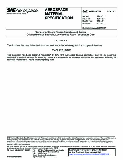 SAE AMS 3373/1B-2012 (SAE AMS3373/1B-2012) - Compound, Silicone Rubber ...