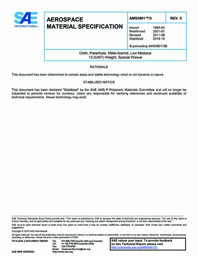 SAE AMS 3801/3C-2016 - Cloth, Parachute, Meta-Aramid, Low Modulus 12.0 ...
