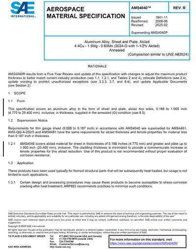 SAE AMS 4040R-2025 - Aluminum Alloy, Sheet and Plate, Alclad 4.4Cu - 1 ...