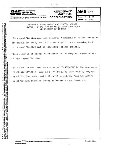 SAE AMS 4061-1981 (SAE AMS4061-1981) - Aluminum Alloy, Sheet and Plate ...
