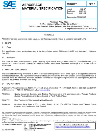 SAE AMS 4205F-2021 - Aluminum Alloy, Plate 6.2Zn - 1.8Cu - 2.4Mg - 0 ...