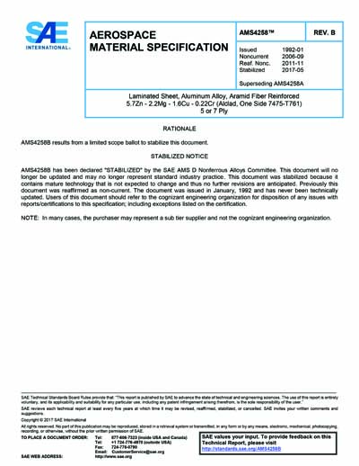 SAE AMS 4258B-2017 - Laminated Sheet, Aluminum Alloy, Aramid Fiber ...