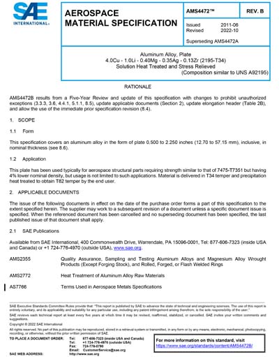 SAE AMS 4472B-2022 - Aluminum Alloy, Plate 4.0Cu - 1.0Li - 0.40Mg - 0 ...