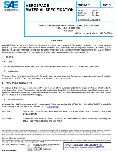 SAE AMS 5506H-2024 - Steel, Corrosion- and Heat-Resistant, Sheet, Strip ...