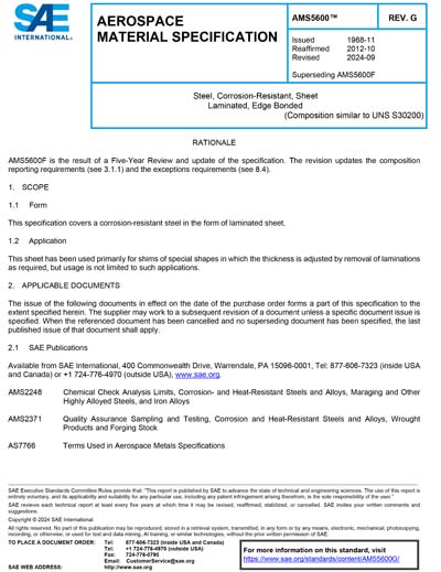 SAE AMS 5600G-2024 - Steel, Corrosion-Resistant, Sheet Laminated, Edge ...