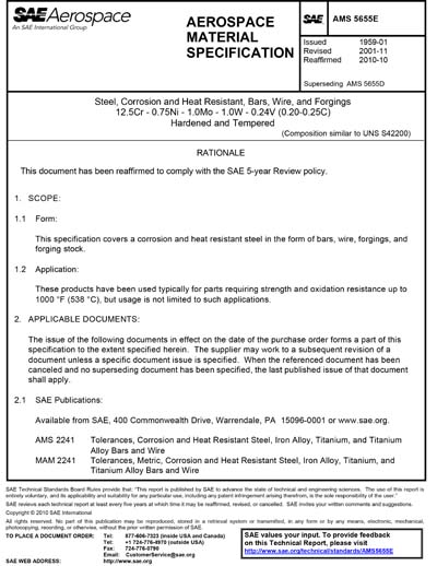 SAE AMS 5655E-2001 (SAE AMS5655E-2001) - Steel, Corrosion and Heat ...