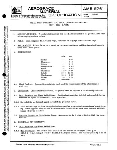 SAE AMS 5761-1991 - STEEL BARS, FORGINGS, AND RINGS, CORROSION ...
