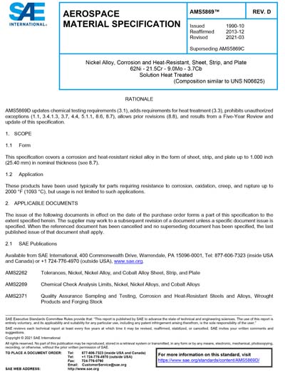 SAE AMS 5869D-2021 - Nickel Alloy, Corrosion and Heat-Resistant, Sheet ...