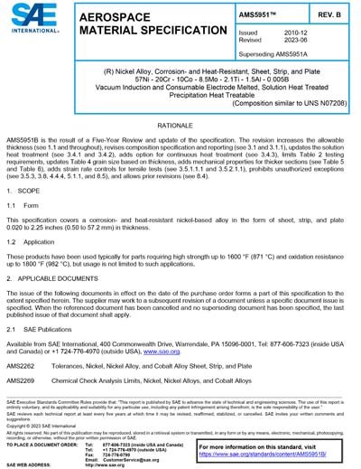 SAE AMS 5951B-2023 - Nickel Alloy, Corrosion- and Heat-Resistant, Sheet ...