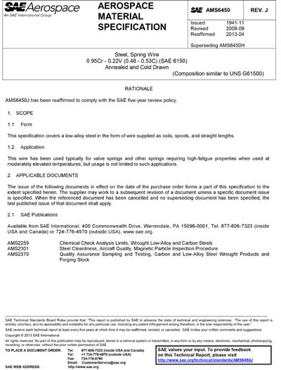 SAE AMS 6450J-2008 (SAE AMS6450J-2008) - Steel, Spring Wire 0.95Cr 0 ...