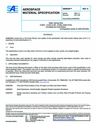 SAE AMS 6450K-2017 - Steel, Spring Wire, 0.95Cr - 0.22V (0.48 - 0.53C ...