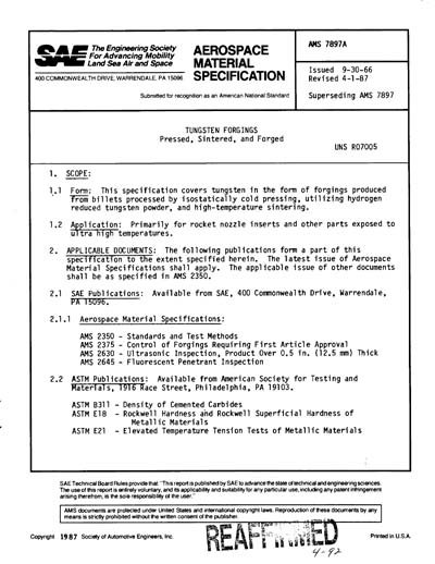 SAE AMS 7897A-2011 - TUNGSTEN FORGINGS Pressed, Sintered, and Forged