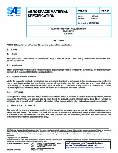 SAE AMS 7912D-2015 (SAE AMS7912D-2015) - Aluminum-Beryllium Alloy ...