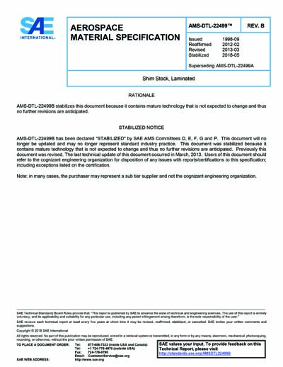 SAE AMS-DTL-22499B-2018 - Shim Stock, Laminated