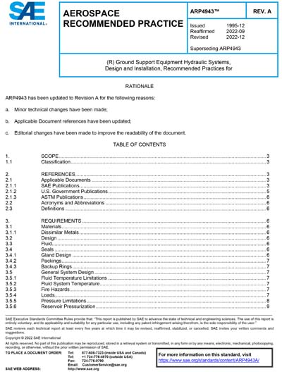 SAE ARP 4943A-2022 - Ground Support Equipment Hydraulic Systems, Design ...