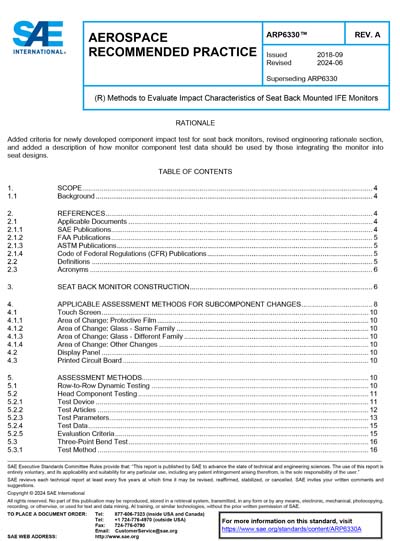 SAE ARP 6330A-2024 - Methods to Evaluate Impact Characteristics of Seat ...