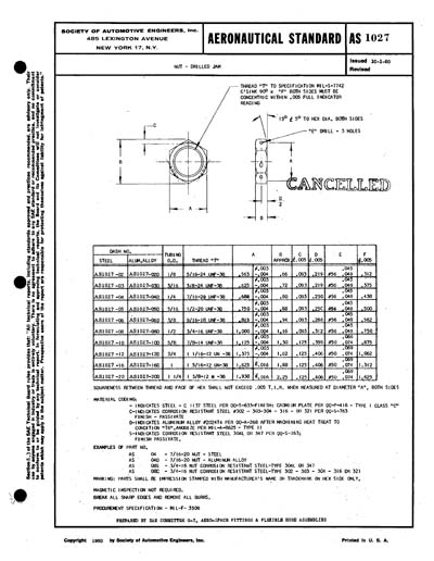 SAE AS 1027-2002 (SAE AS1027-2002) - Nut - Drilled Jam (Cancelled: Dec ...
