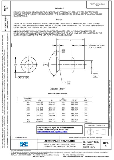 SAE AS 123451C-2019 - RIVET, SOLID, 100° FLUSH HEAD, HIGH TEMPERATURE ...