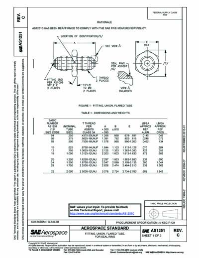 SAE AS 1251C-2006 (SAE AS1251C-2006) - Fitting, Union, Flared Tube for ...