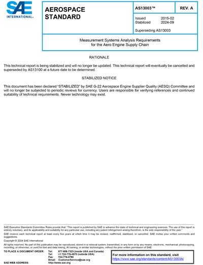 SAE AS 13003A-2024 - Measurement Systems Analysis Requirements for the ...