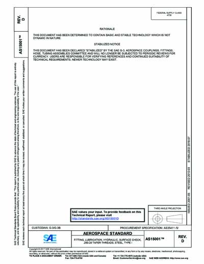 SAE AS 15001D-2017 - FITTING, LUBRICATION, HYDRAULIC, SURFACE CHECK ...