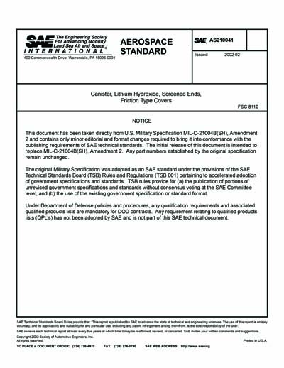 SAE AS 210041-2002 (SAE AS210041-2002) - Canister, lithium hydroxide ...