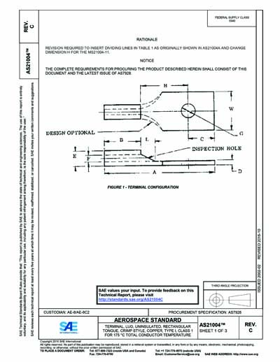 SAE AS 21004C-2016 - TERMINAL, LUG, UNINSULATED, RECTANGULAR TONGUE ...