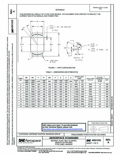 SAE AS 21232A-2012 (SAE AS21232A-2012) - Bearing, Plain, Self-Aligning ...