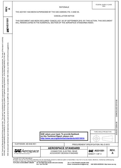 SAE AS 31551A-2010 (SAE AS31551A-2010) - Connector, Electric, Rear ...