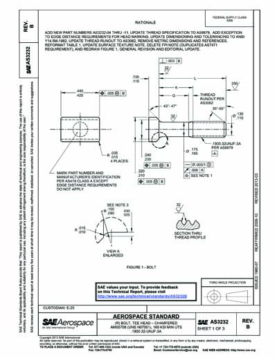 SAE AS 3232B-2013 (SAE AS3232B-2013) - Bolt, Tee Head - Chamfered AMS ...