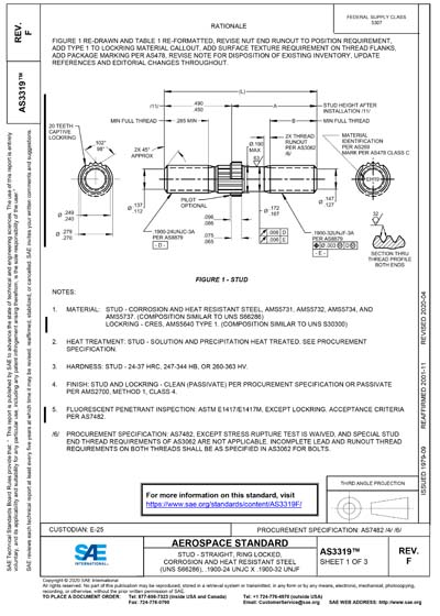 SAE AS 3319F-2020 - STUD - STRAIGHT, RING LOCKED, CORROSION AND HEAT ...