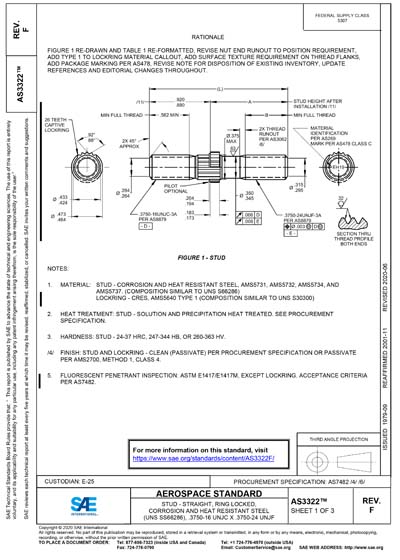 SAE AS 3322F-2020 - STUD - STRAIGHT, RING LOCKED, CORROSION AND HEAT ...