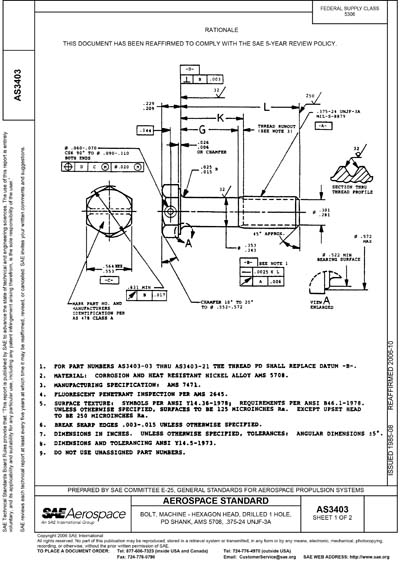 SAE AS 3403-1985 (SAE AS3403-1985) - Bolt, Machine-Hexagon Head ...