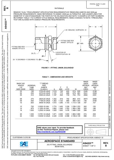 SAE AS 4223B-2019 - Fitting, Union, Bulkhead Beam Seal