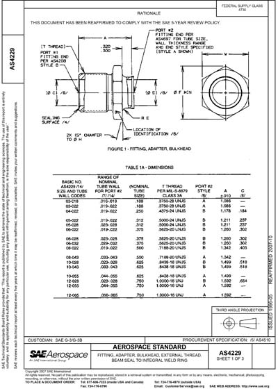 SAE AS 4229-1996 (SAE AS4229-1996) - Fitting, Adapter, Bulkhead ...