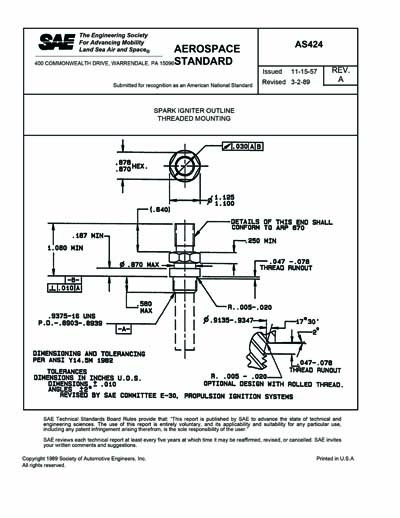 SAE AS 424A-1989 (SAE AS424A-1989) - Spark Igniter Outline Threaded ...