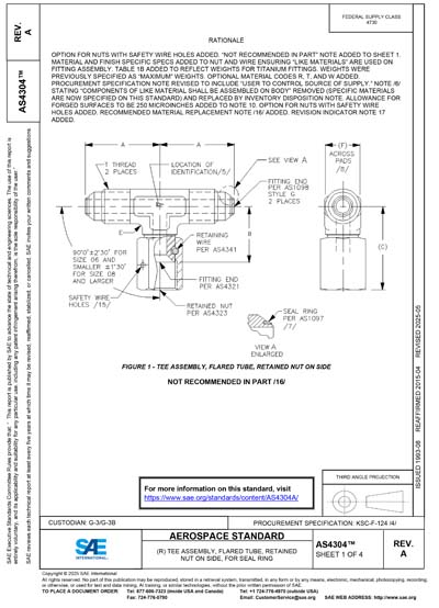 SAE AS 4304A-2025 - TEE ASSEMBLY, FLARED TUBE, RETAINED NUT ON SIDE ...