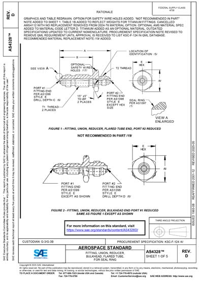 SAE AS 4328D-2025 - FITTING, UNION, REDUCER, BULKHEAD, FLARED TUBE, FOR ...