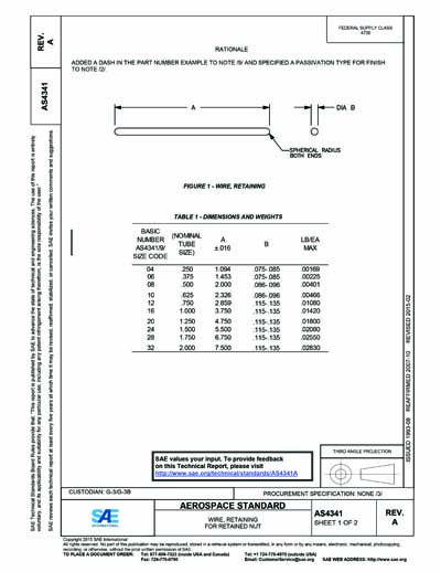 SAE AS 4341A-2015 (SAE AS4341A-2015) - WIRE, RETAINING FOR RETAINED NUT