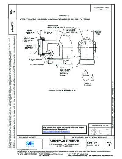 SAE AS 4670B-2017 - ELBOW ASSEMBLY, 90°, RETAINER NUT, SHORT FLARELESS