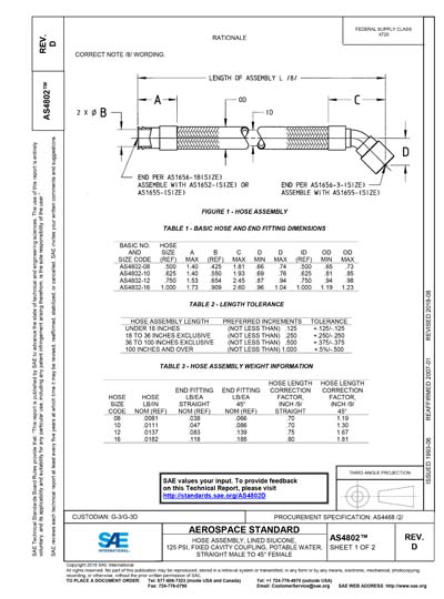 SAE AS 4802D-2018 - Hose Assembly, Lined Silicone, 125 psi, Fixed ...