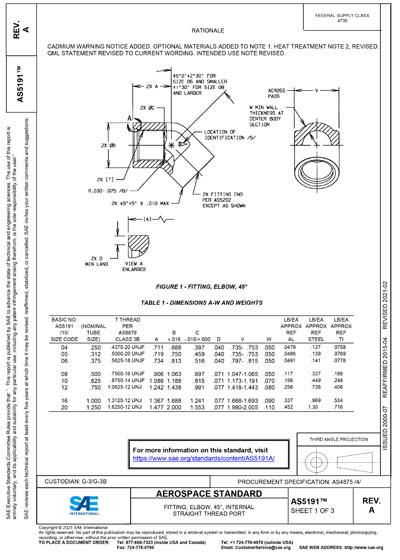 SAE AS 5191A-2021 - FITTING, ELBOW, 45°, INTERNAL STRAIGHT THREAD PORT