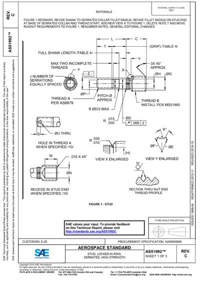 SAE AS 51992C-2018 - Stud, Locked-In Ring, Serrated, High Strength
