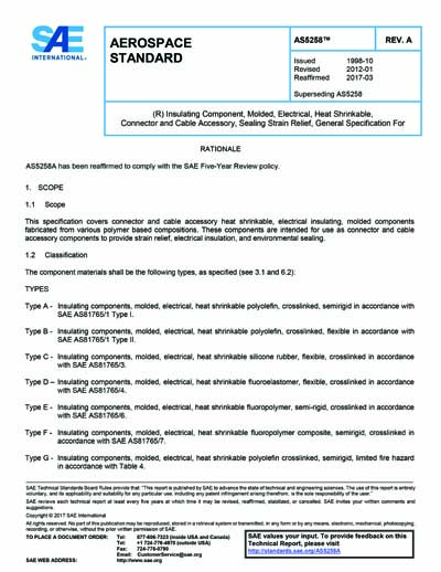 SAE AS 5258A-2012 (SAE AS5258A-2012) - Insulating Components, Molded ...