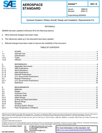 SAE AS 5440B-2024 - Hydraulic Systems, Military Aircraft, Design and ...