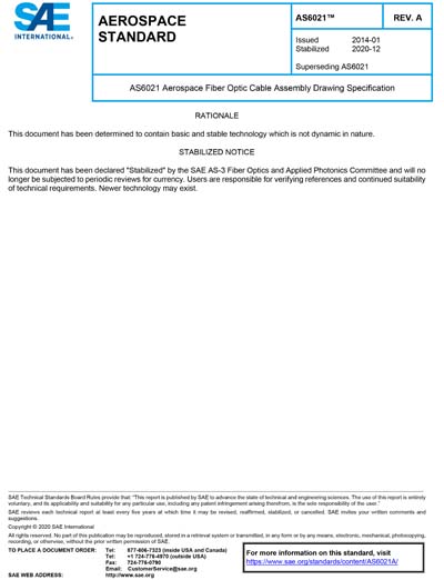 SAE AS 6021A-2020 - AS6021 Aerospace Fiber Optic Cable Assembly Drawing ...