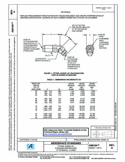 SAE AS 6104A-2018 - FITTING, ELBOW 45°, STANDARD AND REDUCER, 37 ...