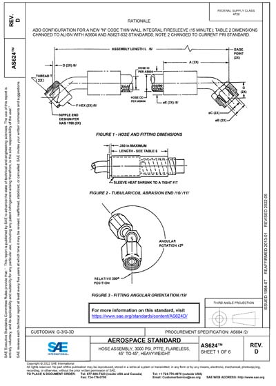 SAE AS 624D-2022 - HOSE ASSEMBLY, 3000 PSI, PTFE, FLARELESS, 45° TO 45 ...